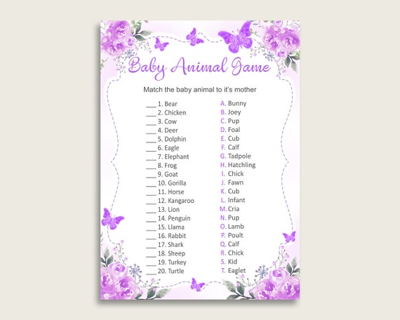 Butterfly Name The Baby Animals Game Printable, Purple White Baby ...