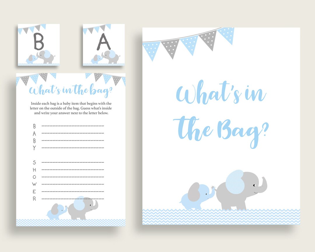 Elephant Baby Shower What's in the Bag Game, Blue Grey Boy Bag Game ...