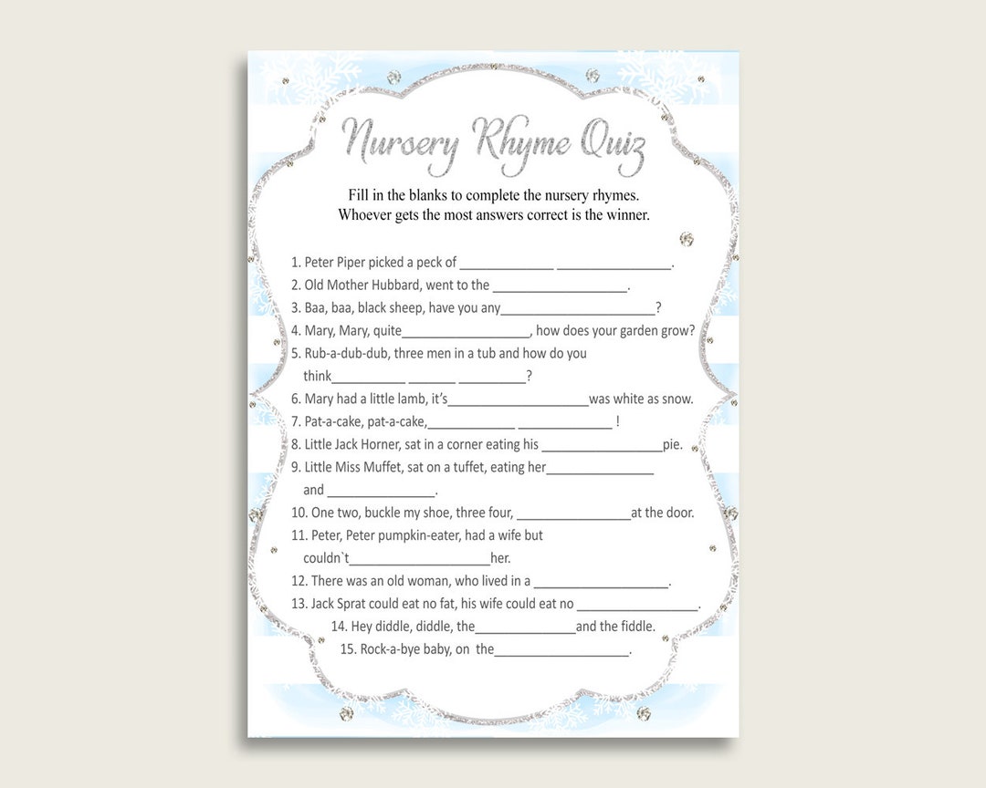 Winter Nursery Rhyme Quiz Printable, Silver Blue Nursery Rhyme Game ...