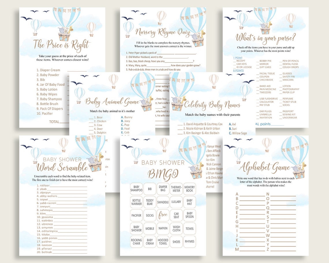 Hot Air Balloon Baby Shower Games Printable Pack Blue White - Etsy