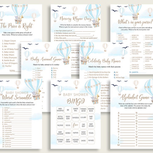 Hot Air Balloon Baby Shower Games Printable Pack Blue White - Etsy