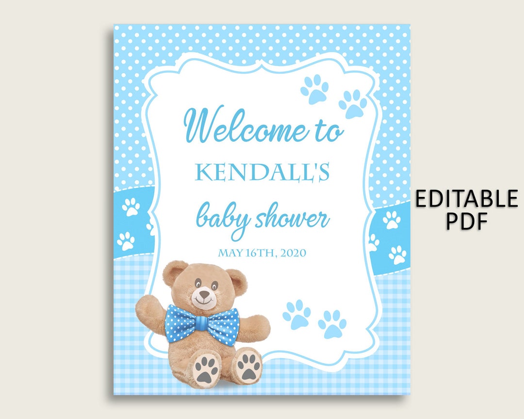 Blue Brown Teddy Bear Baby Shower Welcome Sign Printable, Party Large ...