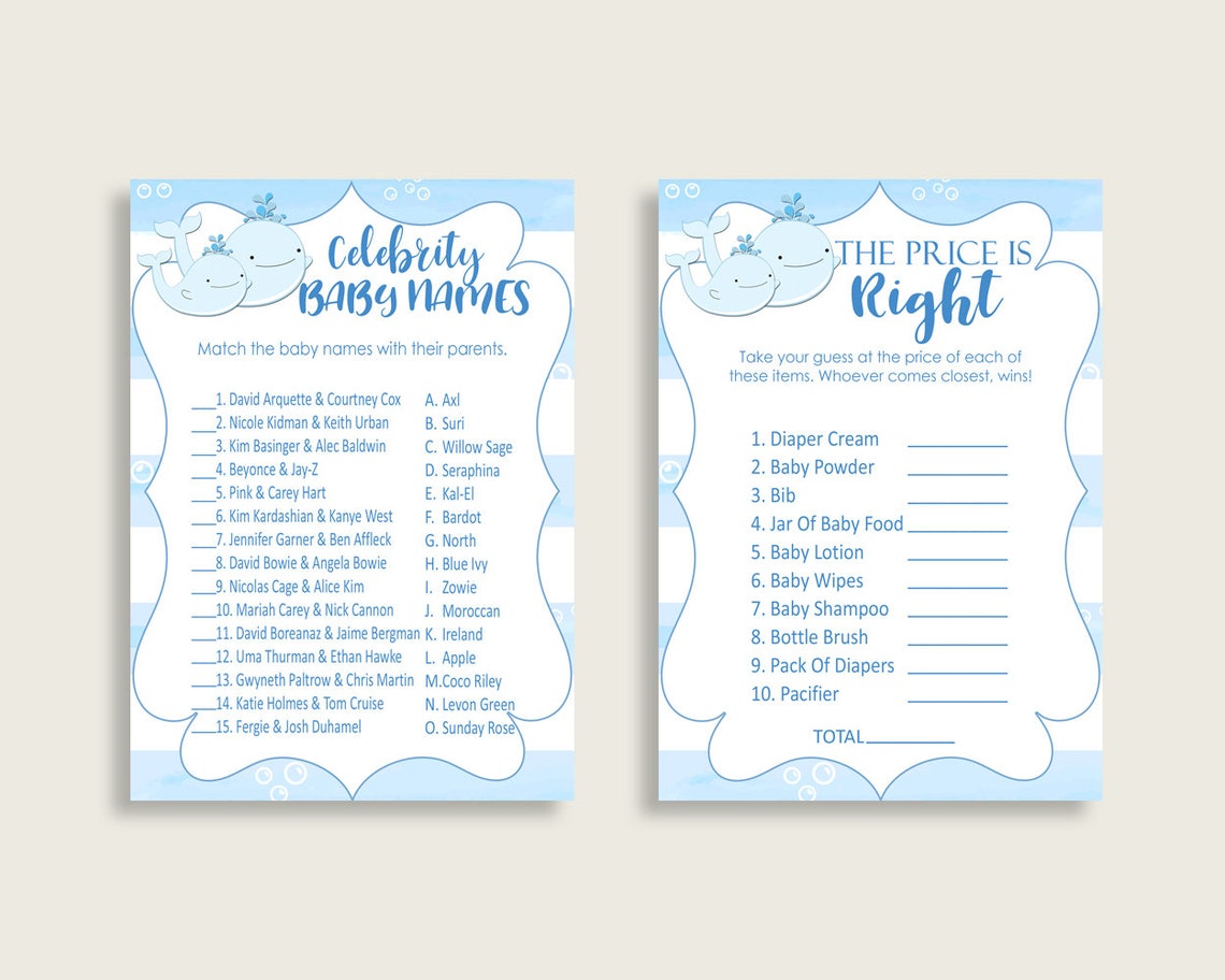 Whale Baby Shower Games Printable Pack Blue White Baby Shower - Etsy