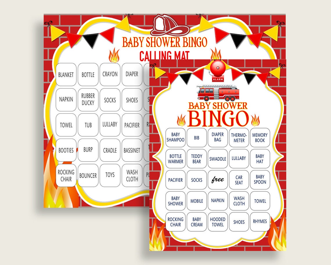 Firetruck Baby Shower Bingo Cards Printable, Red Yellow Baby Shower Boy ...