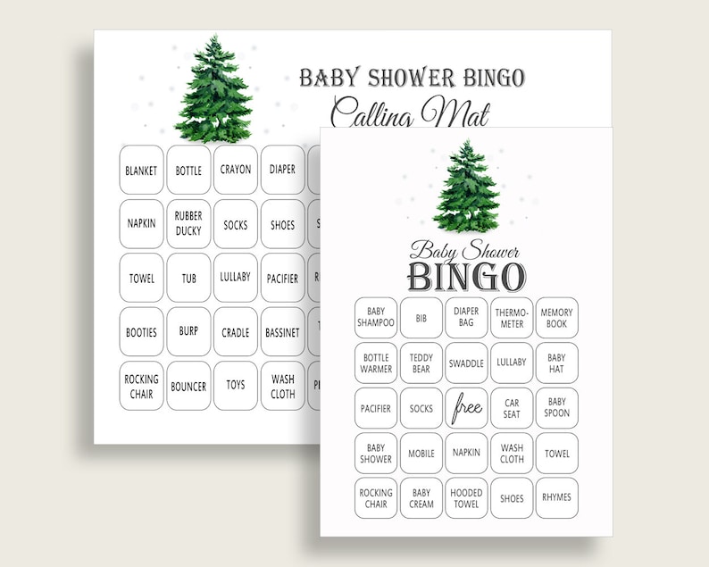 Winter Tree Baby Shower Bingo Cards Printable, Green White Baby Shower ...