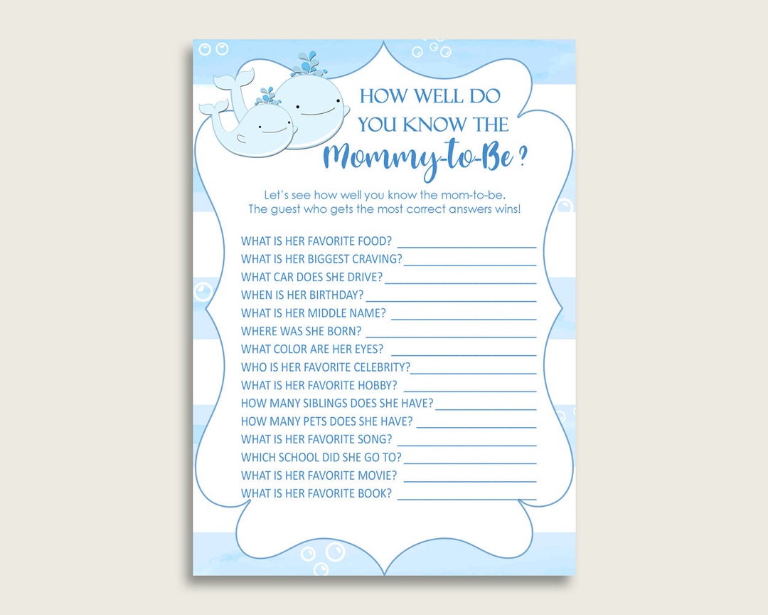Blue White How Well Do You Know Mommy Game, Whale Baby Shower Boy, Who ...