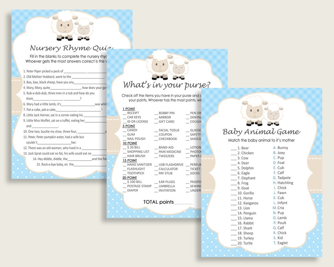 Little Lamb Baby Shower Games Printable Pack, Blue White Baby Shower ...