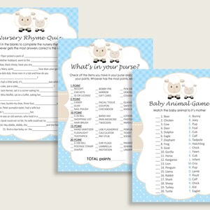 Little Lamb Baby Shower Games Printable Pack, Blue White Baby Shower ...