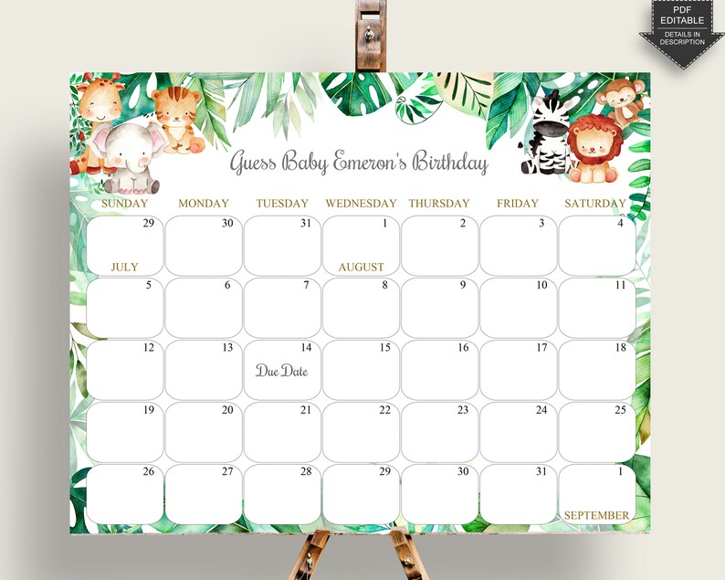Safari Due Date Calendar Editable Gender Neutral Baby Shower - Etsy