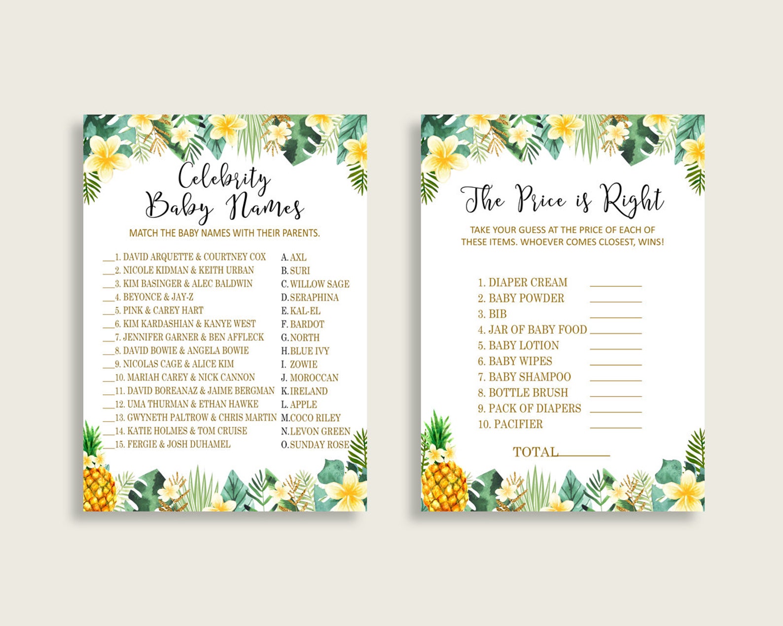 Tropical Baby Shower Games Printable Pack Green Yellow Baby - Etsy