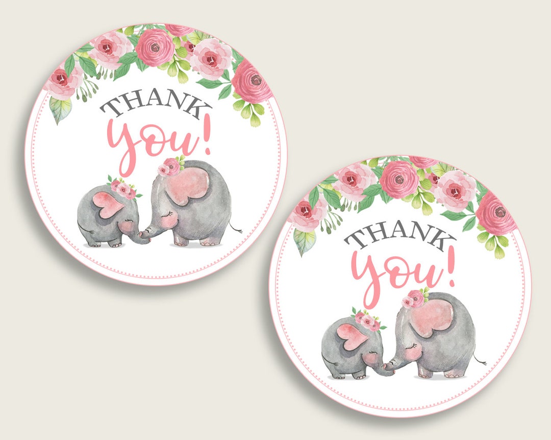 Pink Elephant Baby Shower Round Thank You Tags 2 Inch Printable, Pink ...