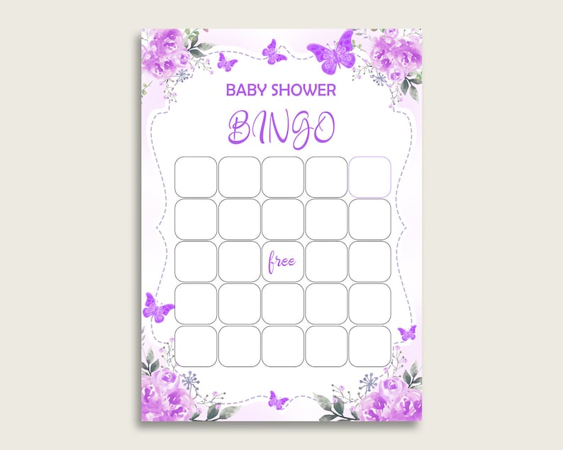 Purple White Baby Shower Bingo Blank Game Printable, Butterfly Baby ...