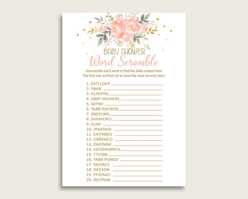 Girl Baby Shower Word Scramble Game Printable, Cute Peach Floral Pink ...