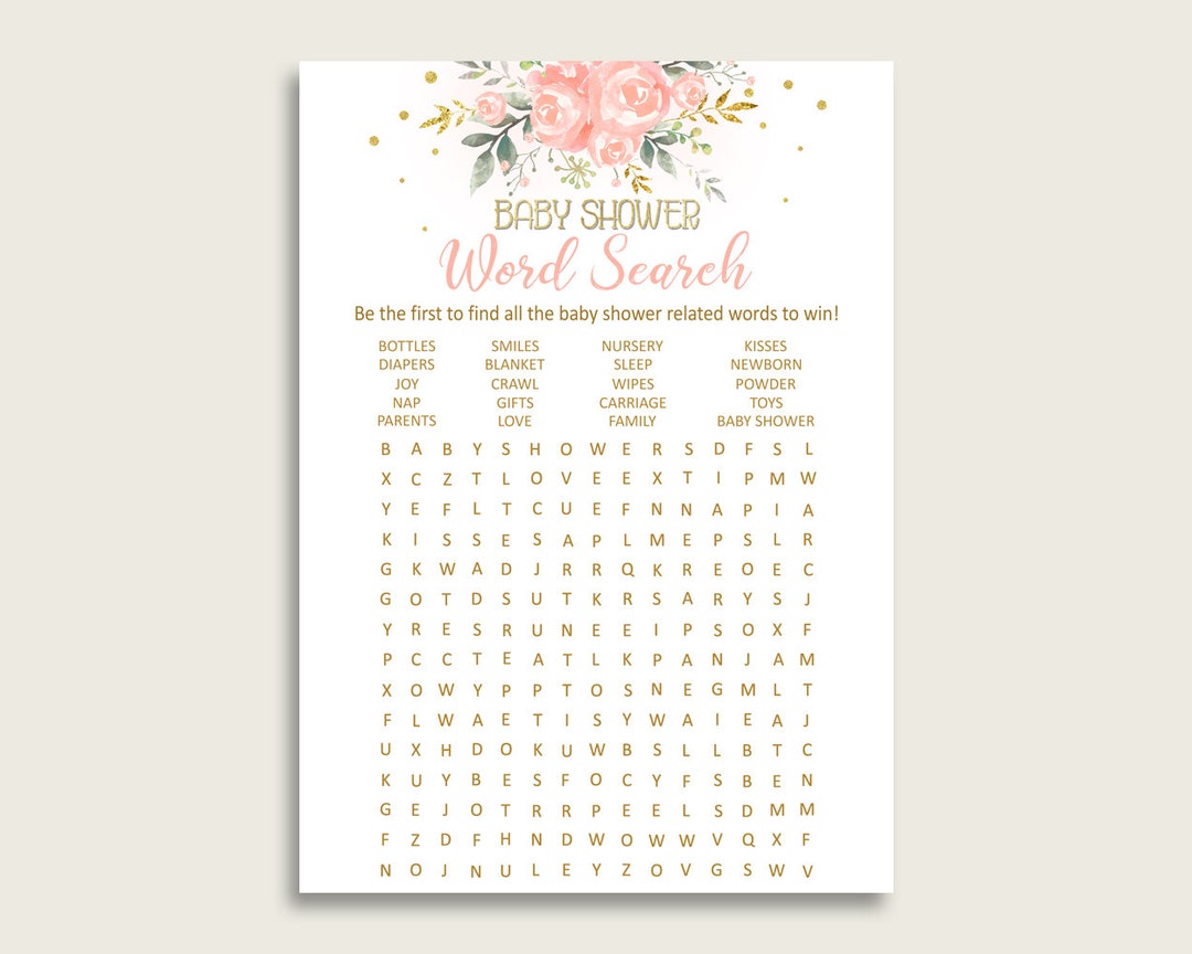 Peach Floral Word Search Game, Pink Gold Baby Shower Word Search Cards ...
