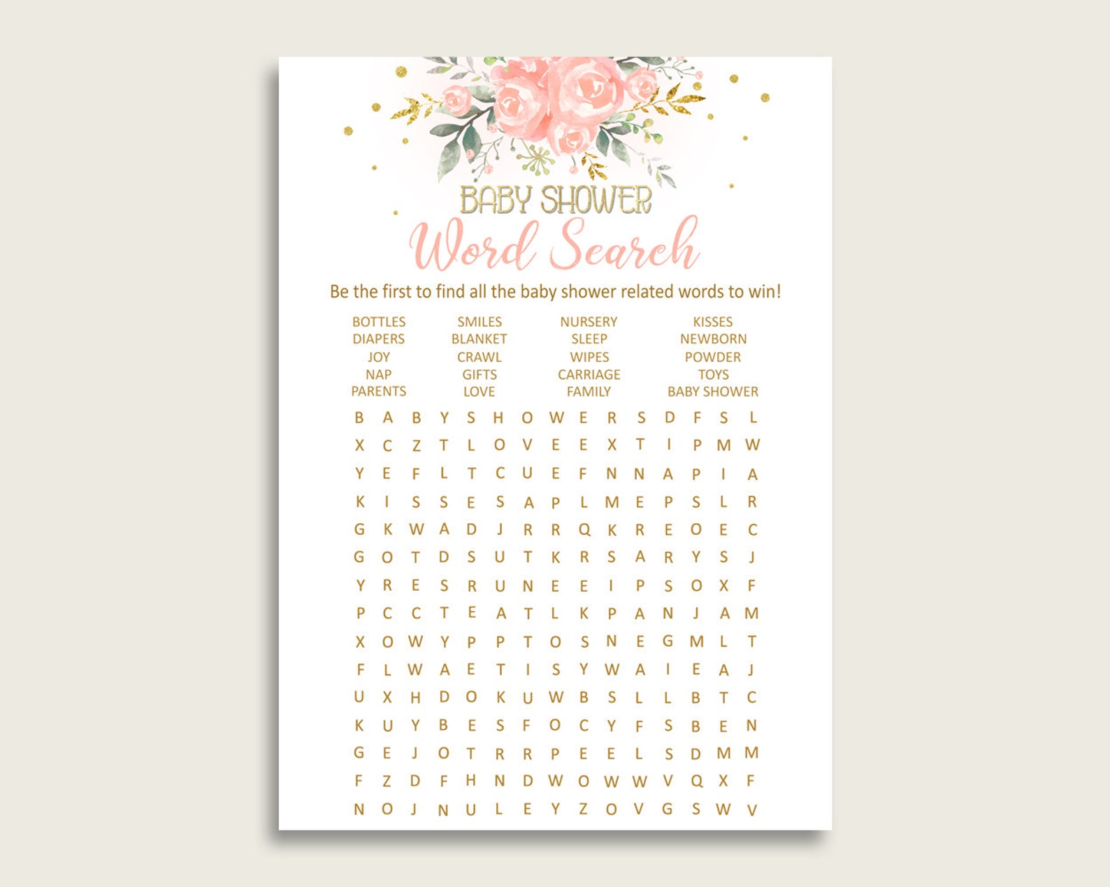 Peach Floral Word Search Game Pink Gold Baby Shower Word - Etsy