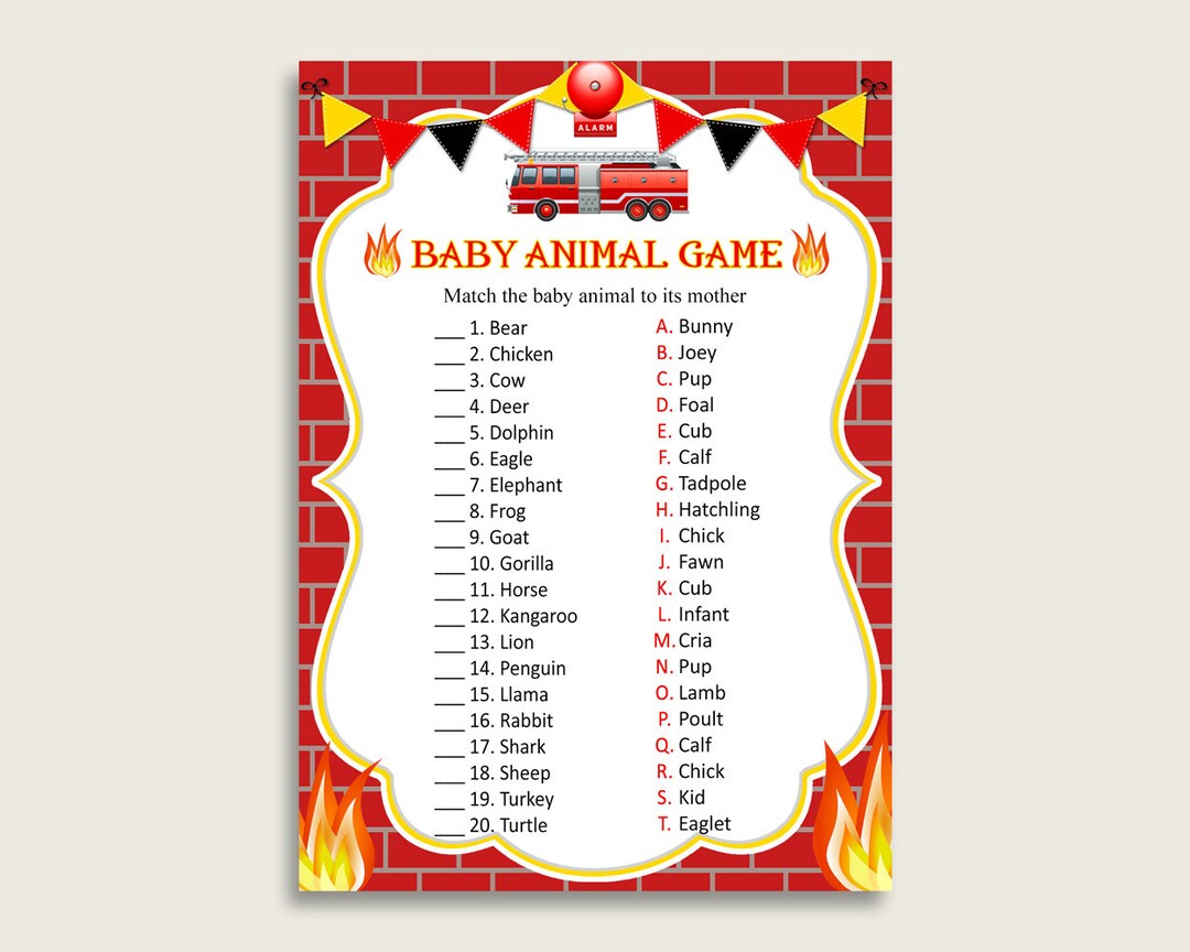 Firetruck Name the Baby Animals Game Printable, Red Yellow Baby Shower ...