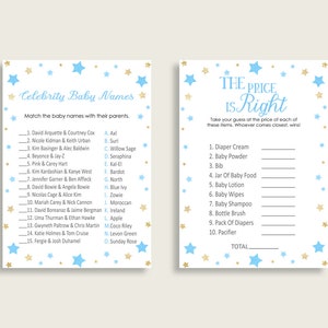 Stars Baby Shower Games Printable Pack, Blue Gold Baby Shower Games ...