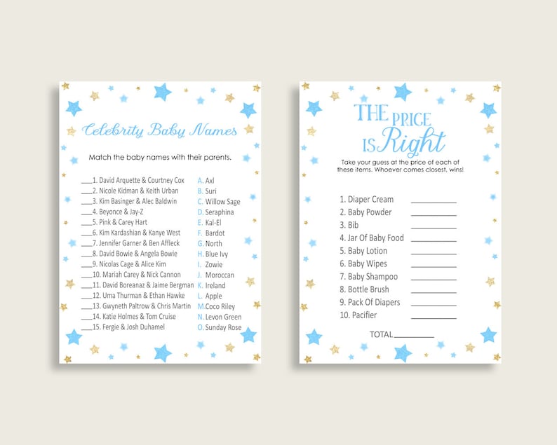 Stars Baby Shower Games Printable Pack Blue Gold Baby Shower - Etsy