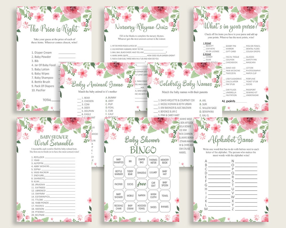 Watercolor Flowers Baby Shower Games Printable Pack, Pink Green Baby ...