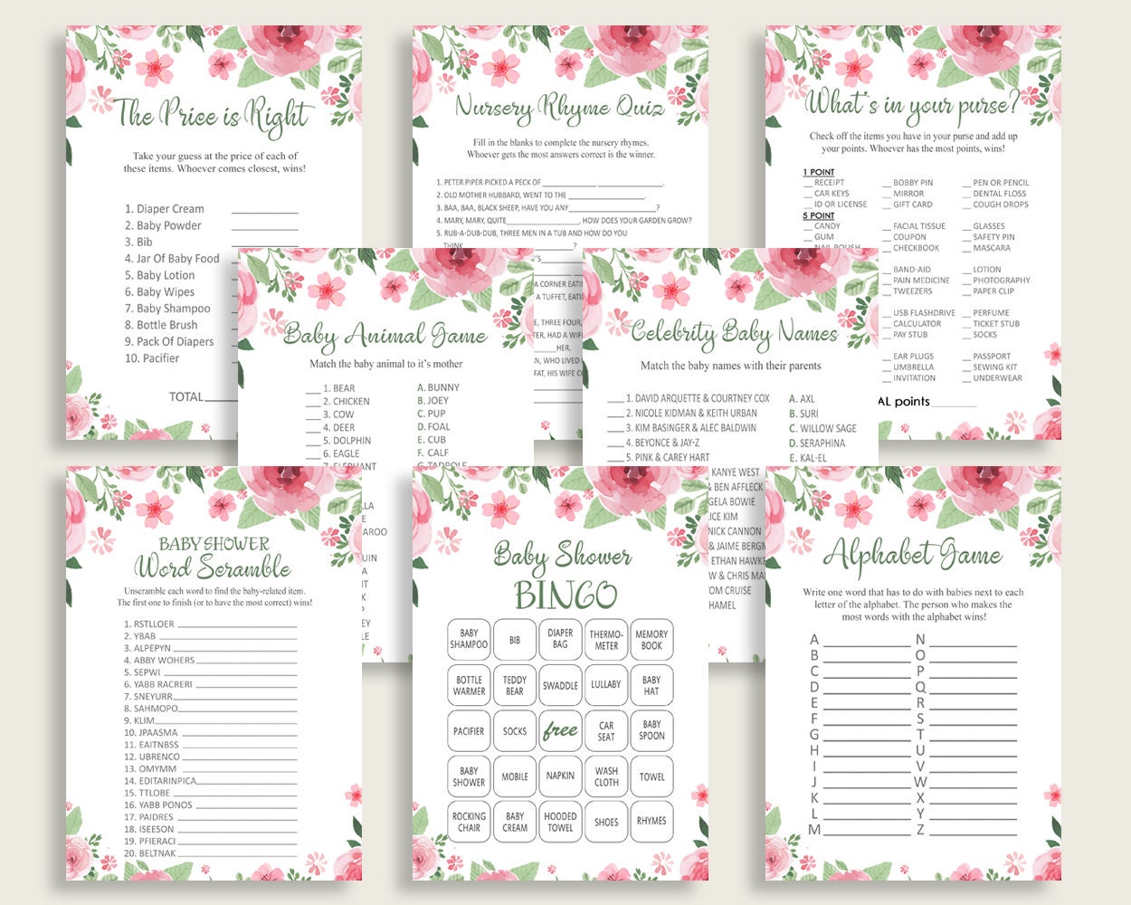 Watercolor Flowers Baby Shower Games Printable Pack, Pink Green Baby ...