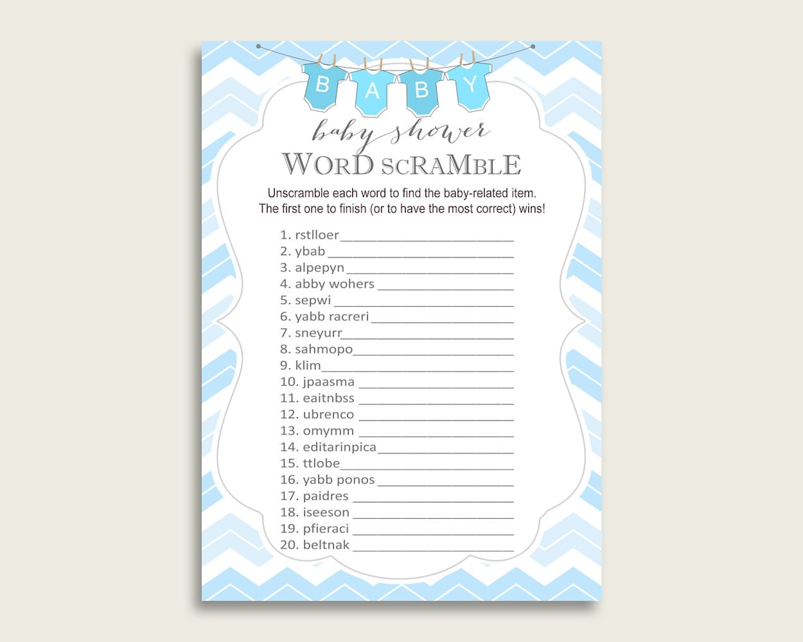 Boy Baby Shower Word Scramble Game Printable, Cute Chevron Blue White ...