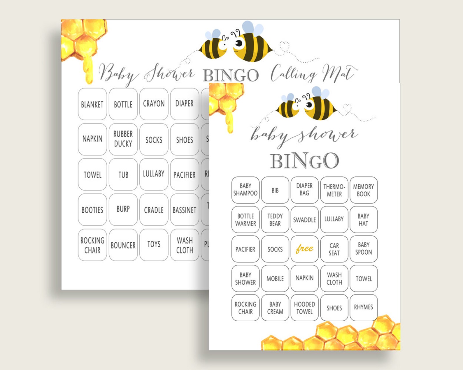 Bee Baby Shower Bingo Cards Printable, Yellow White Baby Shower Gender ...