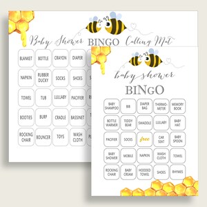 Bee Baby Shower Bingo Cards Printable, Yellow White Baby Shower Gender ...
