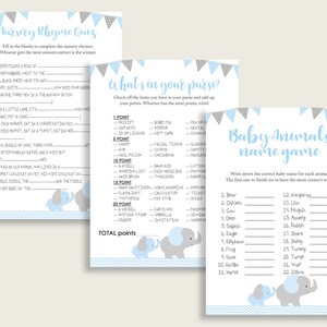 Elephant Baby Shower Games Printable Pack, Blue Grey Baby Shower Games ...