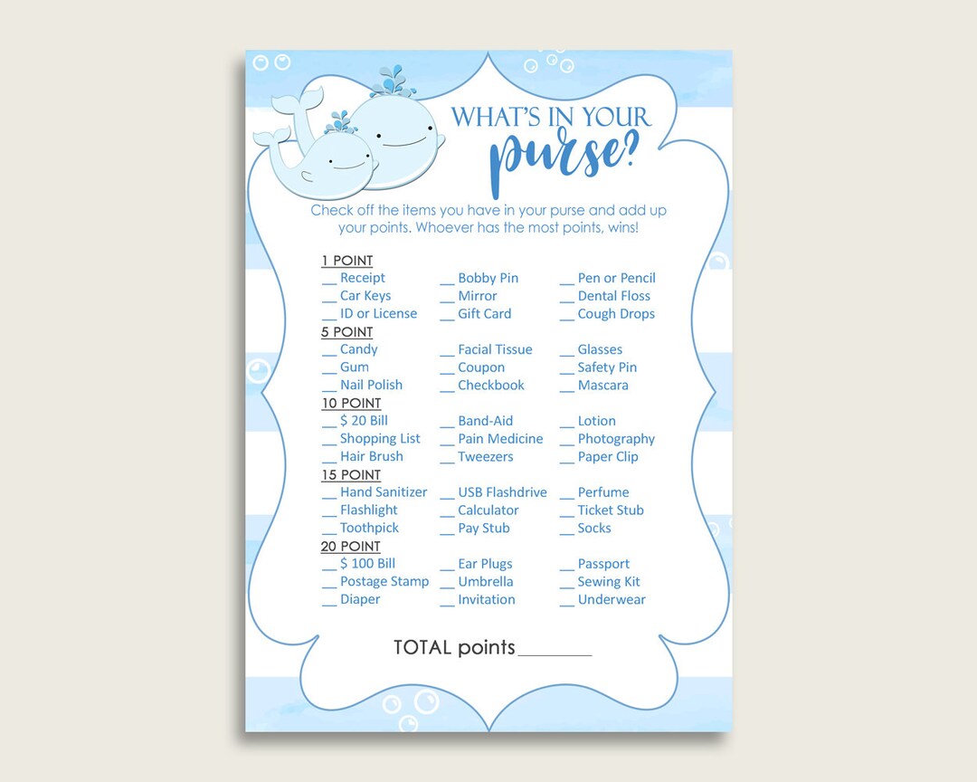 Whale What's in Your Purse Game Printable, Blue White Whats in Your ...