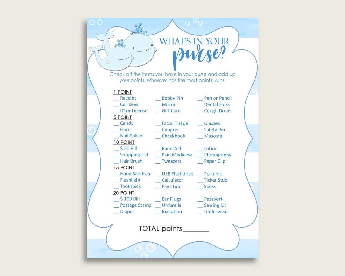 Whale What's in Your Purse Game Printable, Blue White Whats in Your ...