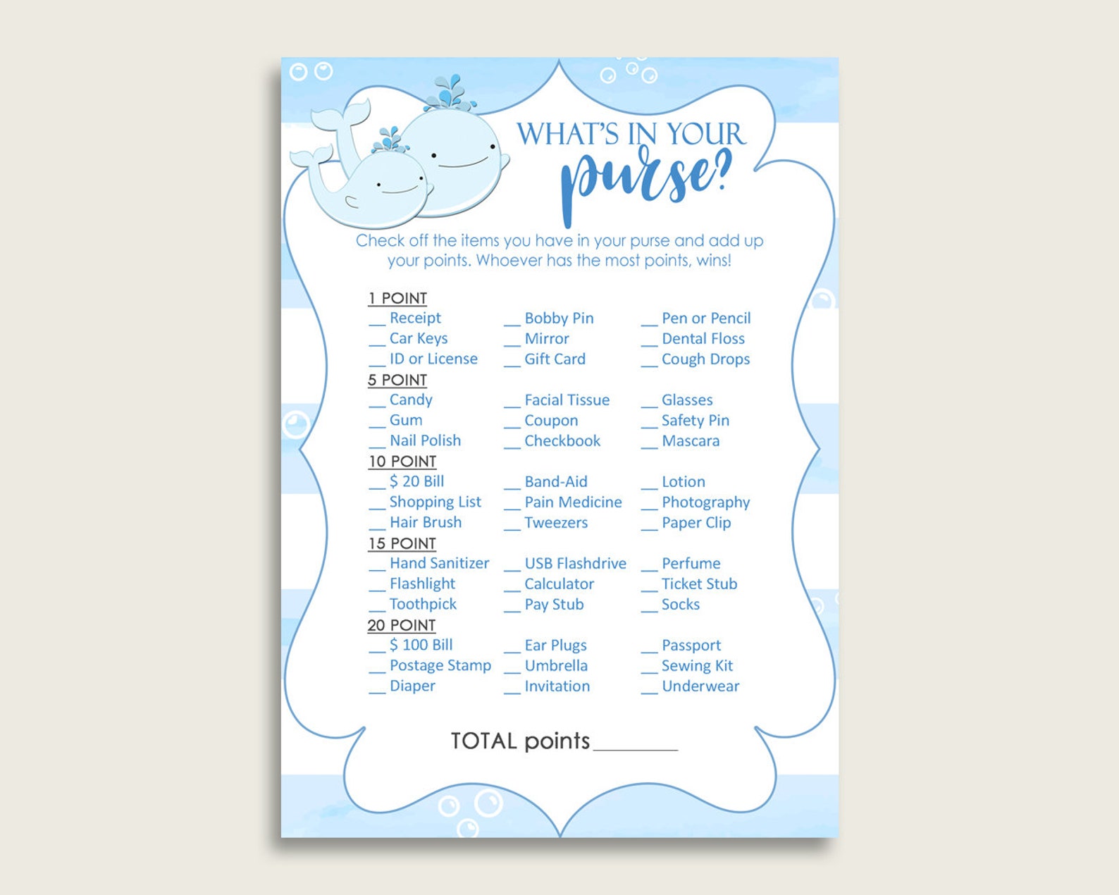 Whale What's in Your Purse Game Printable, Blue White Whats in Your ...