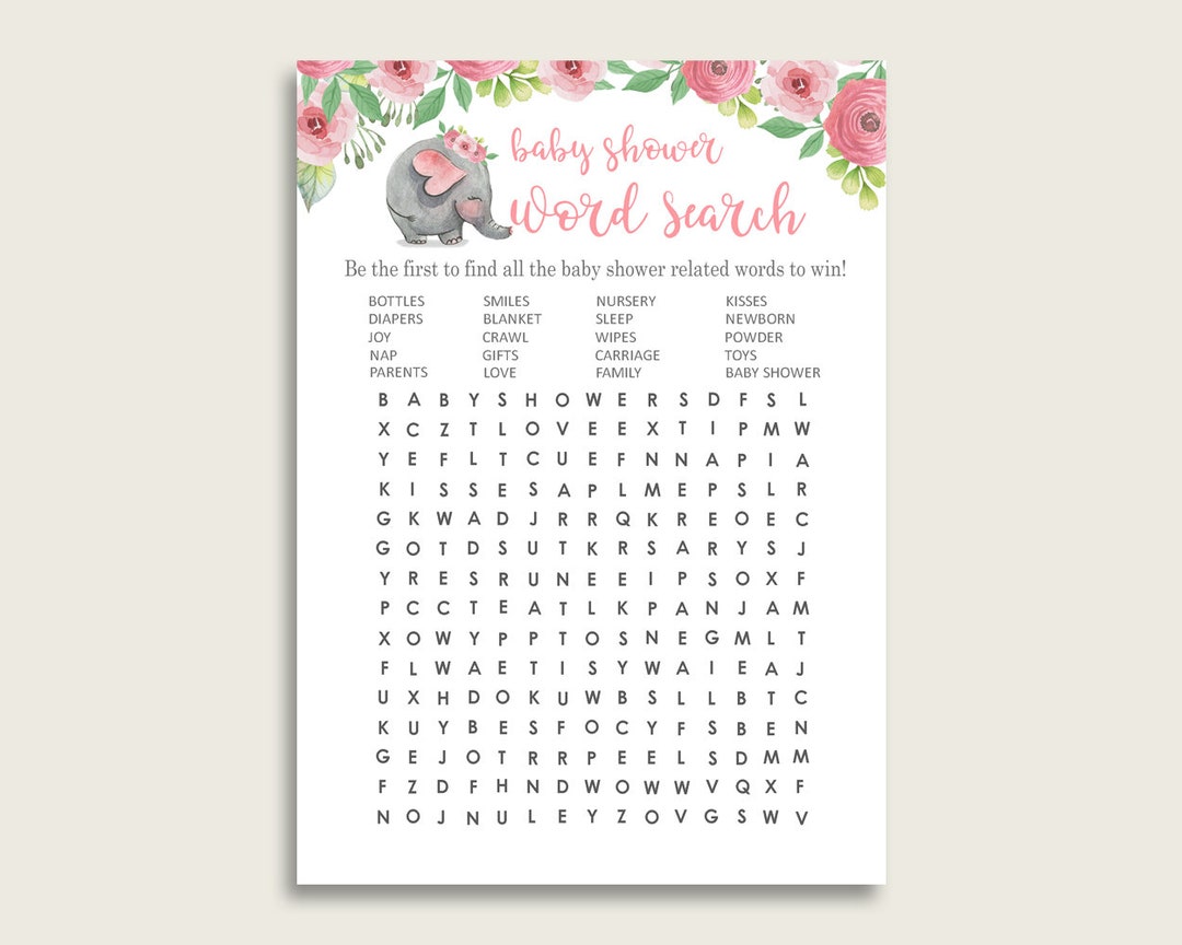Pink Elephant Word Search Game, Pink Grey Baby Shower Word Search Cards ...