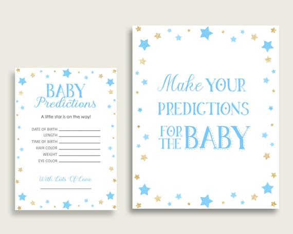 Stars Baby Shower Prediction Cards & Sign Printable, Blue Gold Baby ...