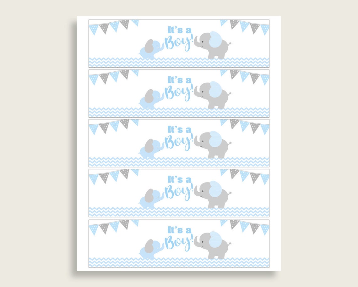 Blue Grey Water Bottle Labels Printable Elephant Water Bottle | Etsy