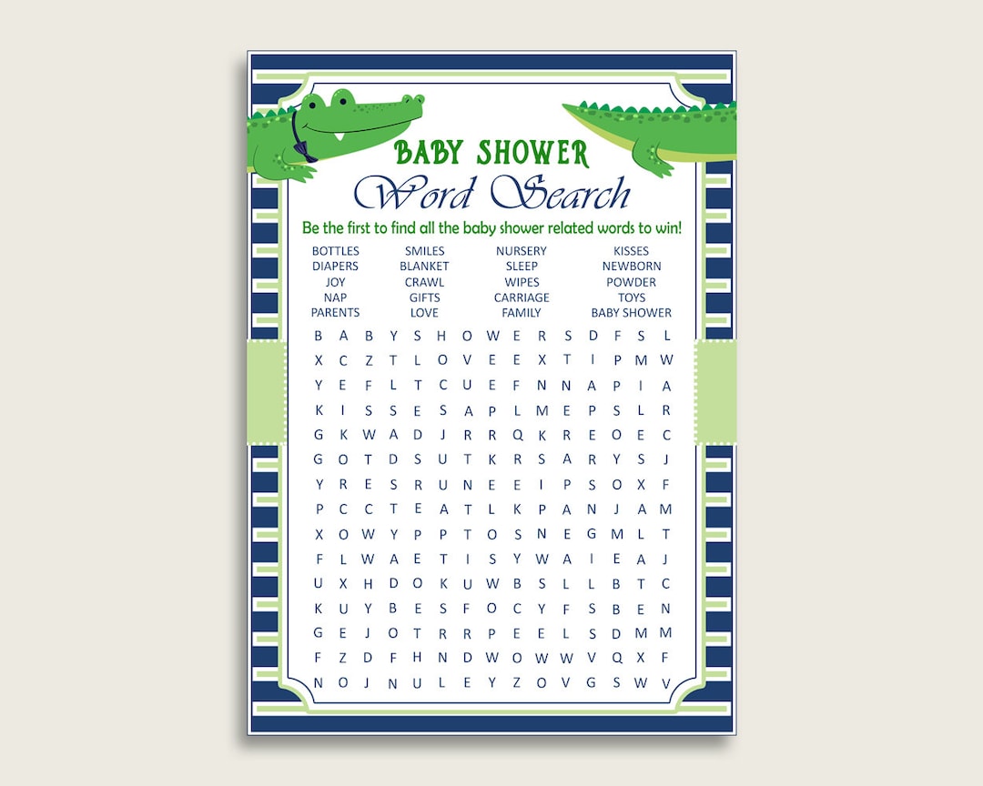 Alligator Word Search Game, Blue Green Baby Shower Word Search Cards ...