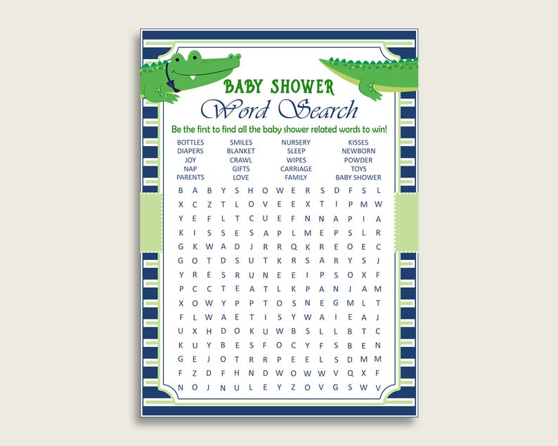 Alligator Word Search Game, Blue Green Baby Shower Word Search Cards ...