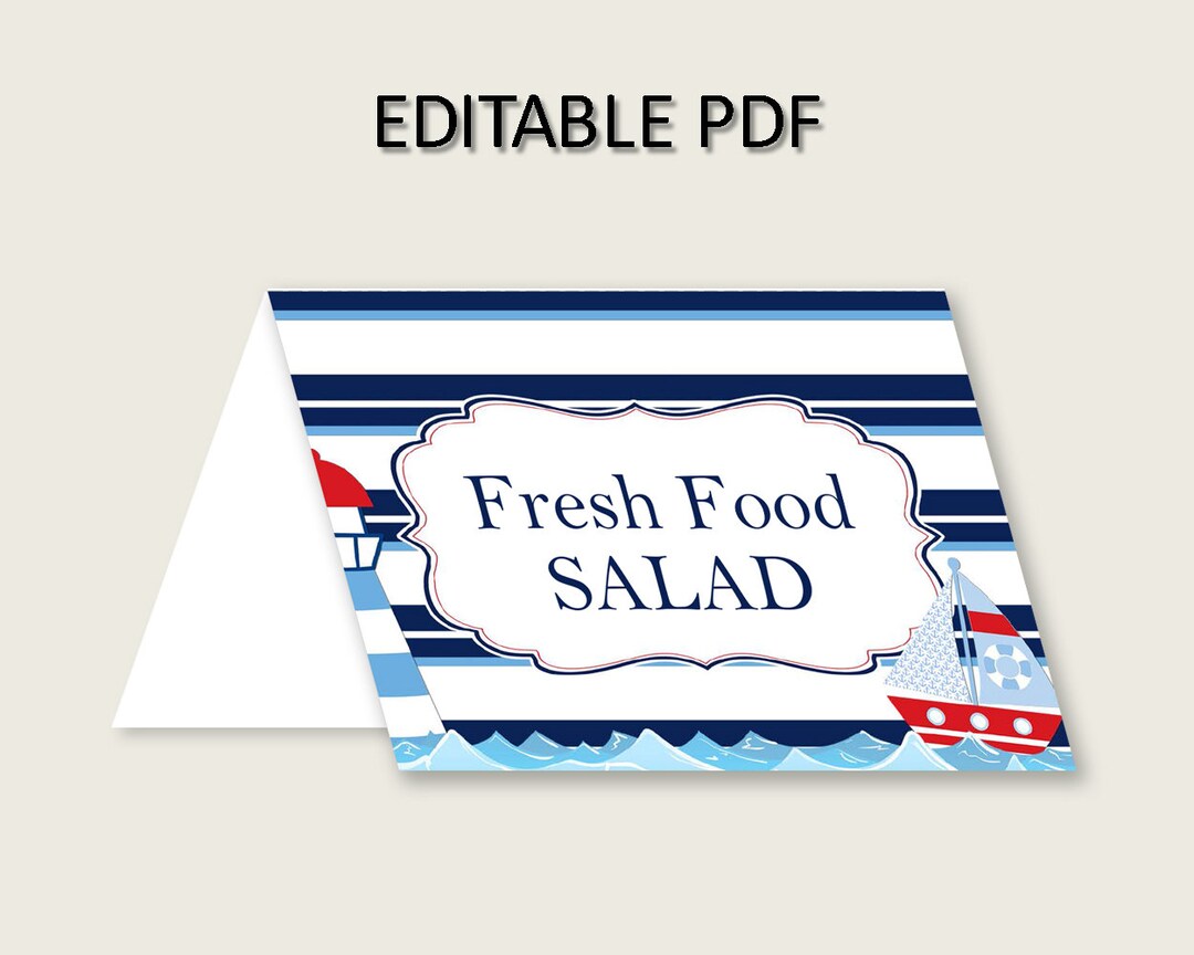 Nautical Folded Food Tent Cards Printable, Blue Red Editable Pdf Buffet ...
