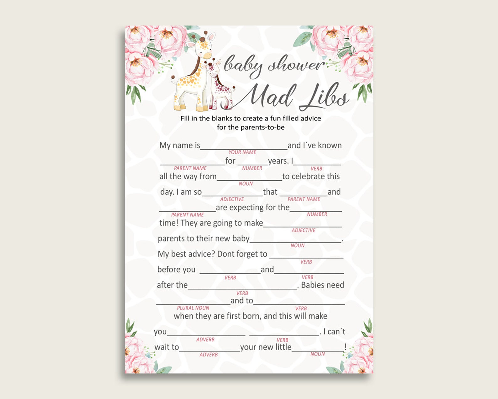 Pink Yellow Mad Libs Baby Shower Girl Game Printable, Giraffe Mad Libs ...