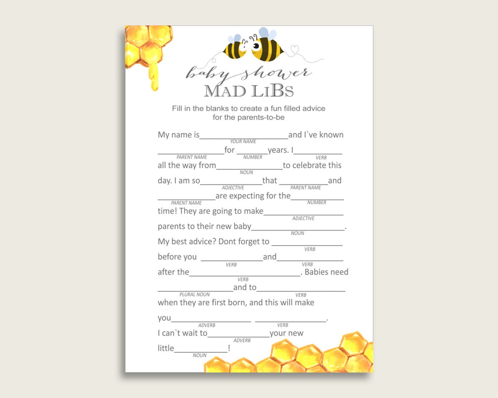Yellow White Mad Libs Baby Shower Gender Neutral Game Printable, Bee ...
