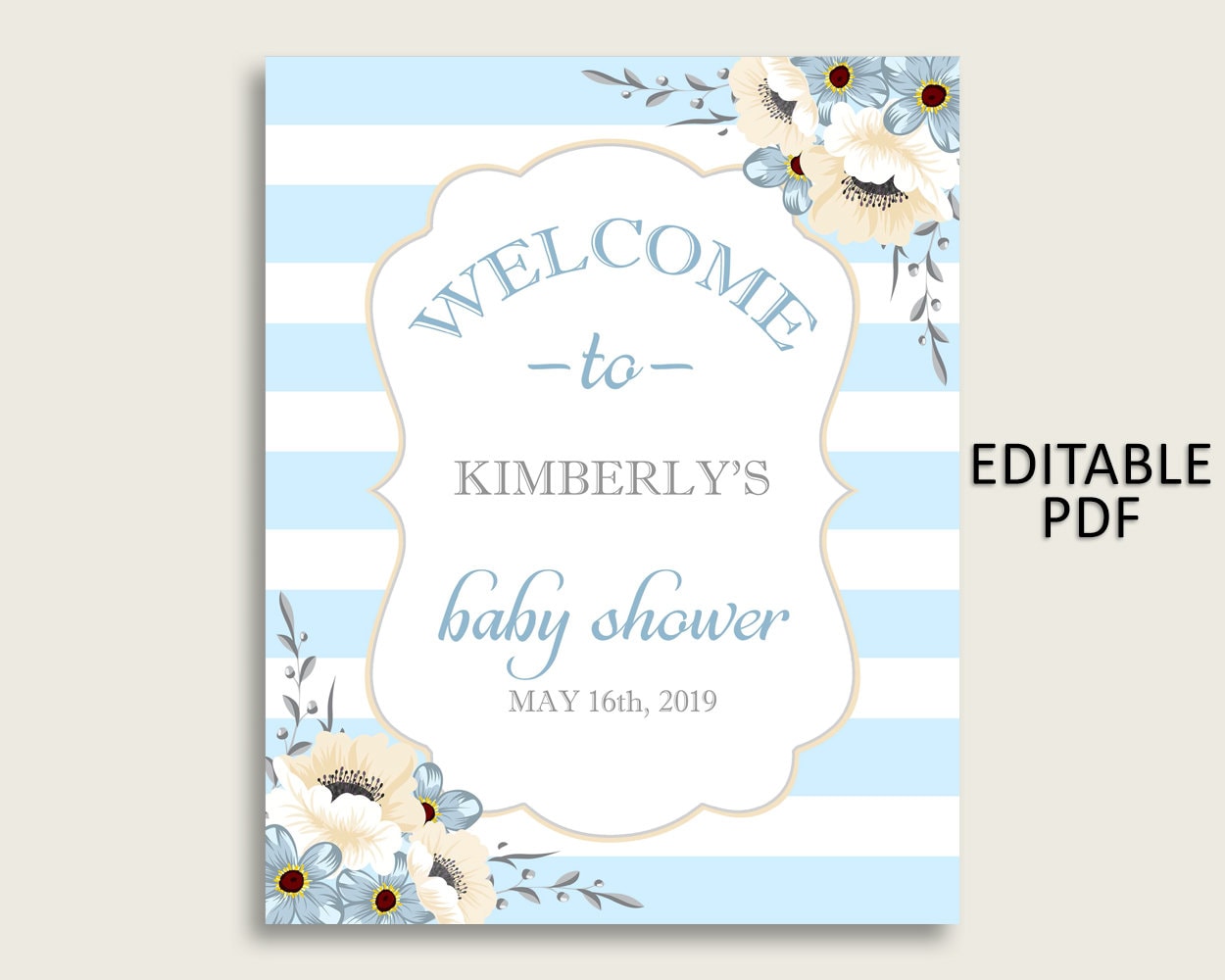 Blue White Stripes Baby Shower Welcome Sign Printable Party | Etsy