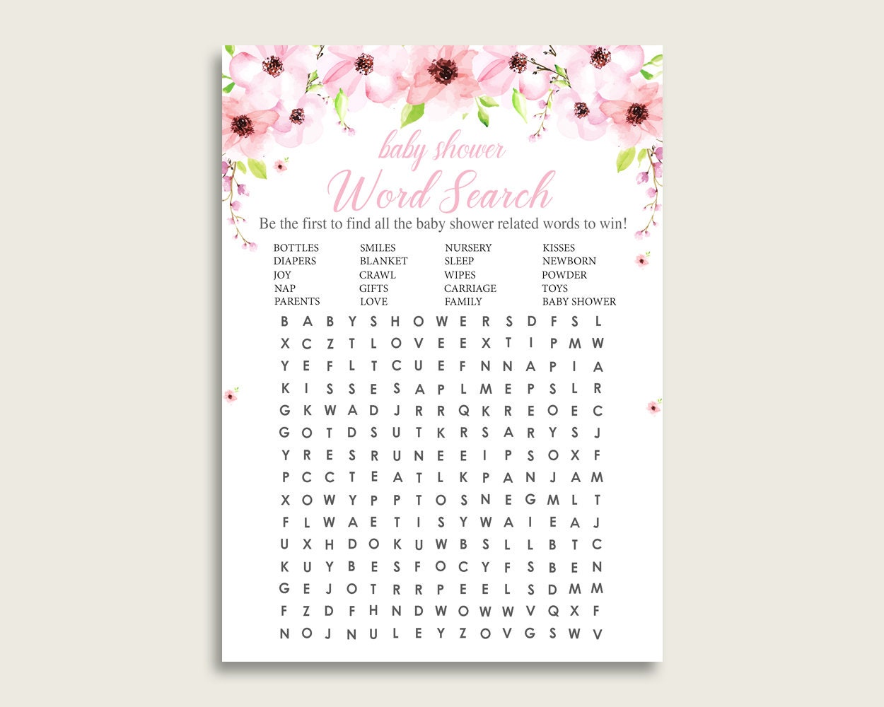 Flower Blush Word Search Game Pink Green Baby Shower Word | Etsy
