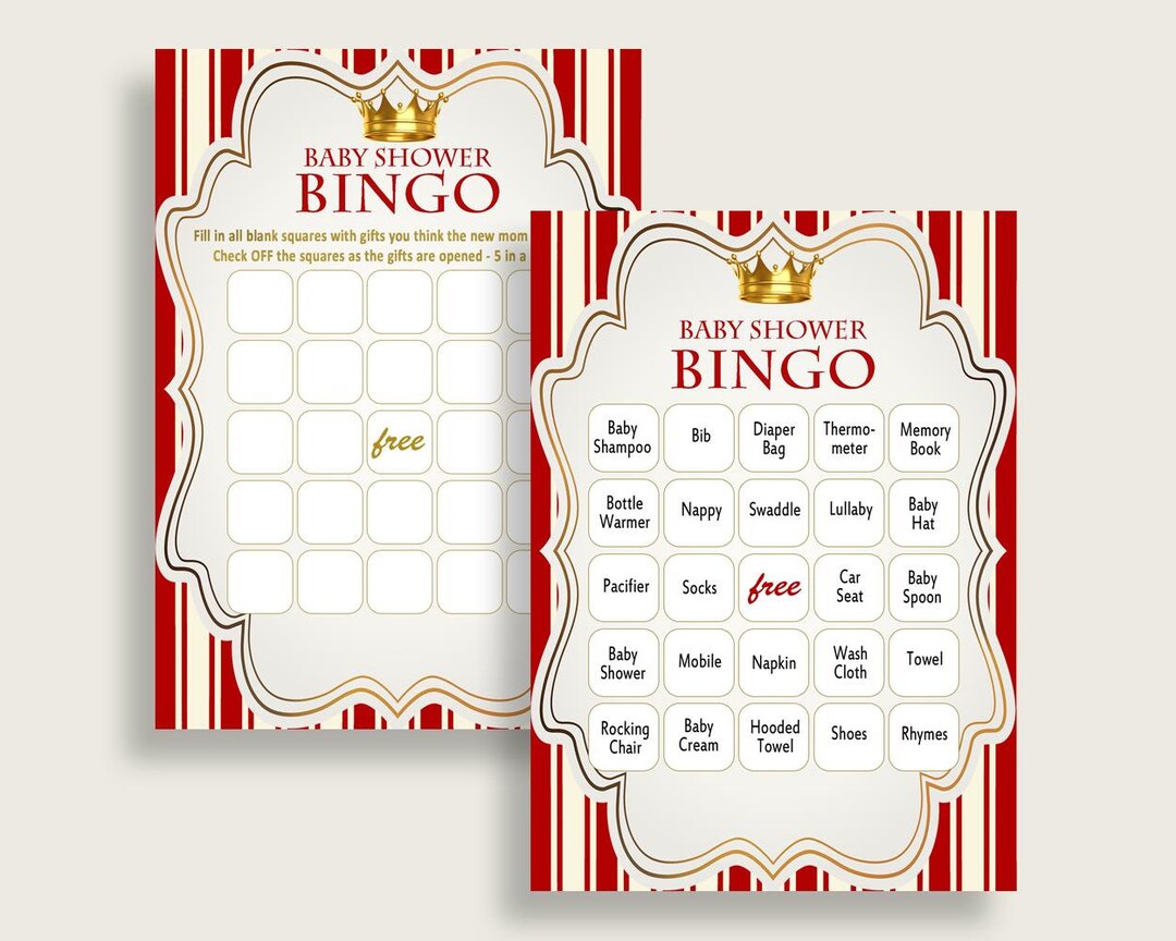 Bingo Baby Shower Bingo Prince Baby Shower Bingo Red Gold Baby Shower ...