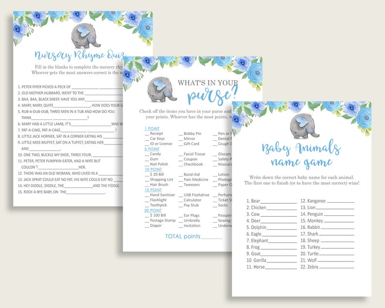 Elephant Blue Baby Shower Games Printable Pack Blue Gray Baby - Etsy