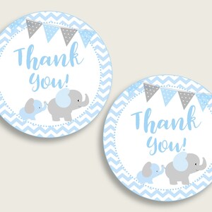 Elephant Baby Shower Round Thank You Tags 2 Inch Printable, Blue Grey ...