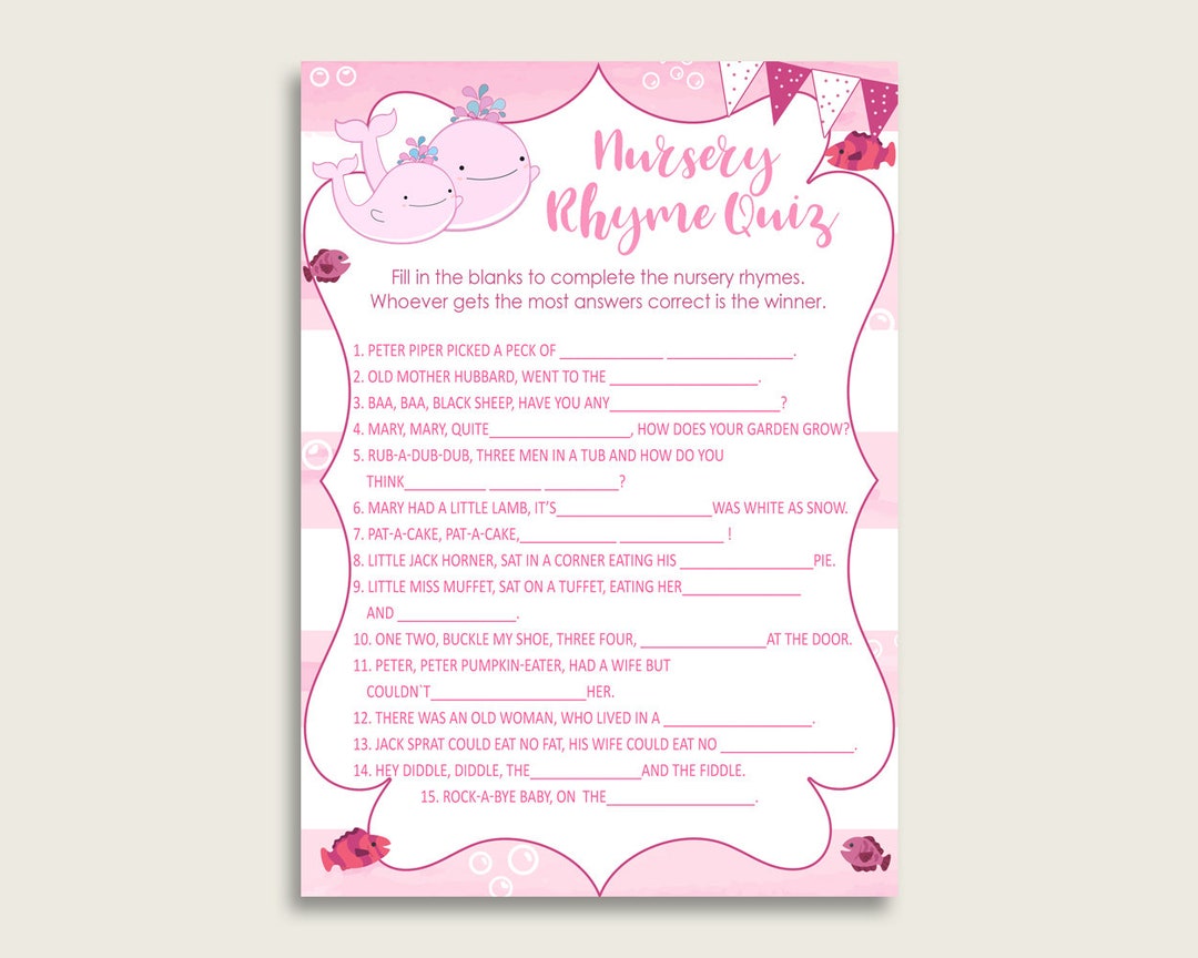 Nursery Rhyme Quiz Baby Shower Nursery Rhyme Quiz Pink Whale Baby ...