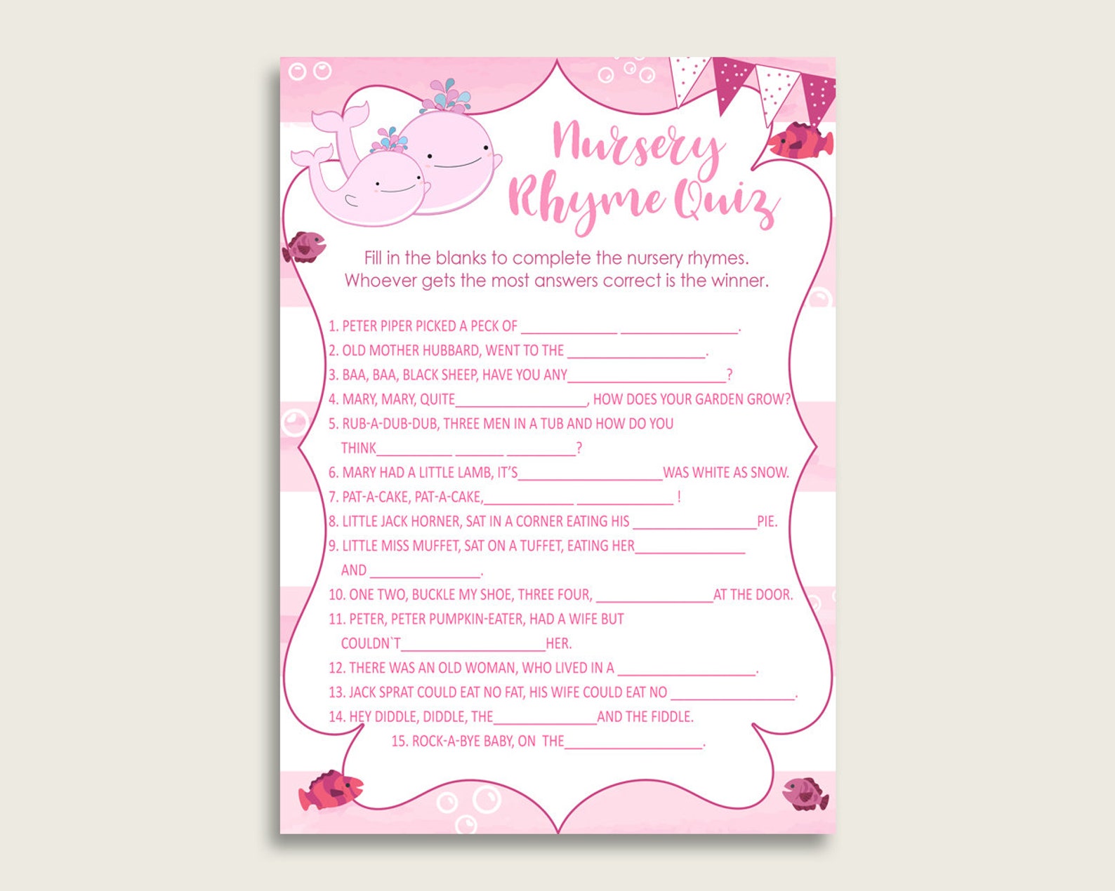 Nursery Rhyme Quiz Baby Shower Nursery Rhyme Quiz Pink Whale Baby ...