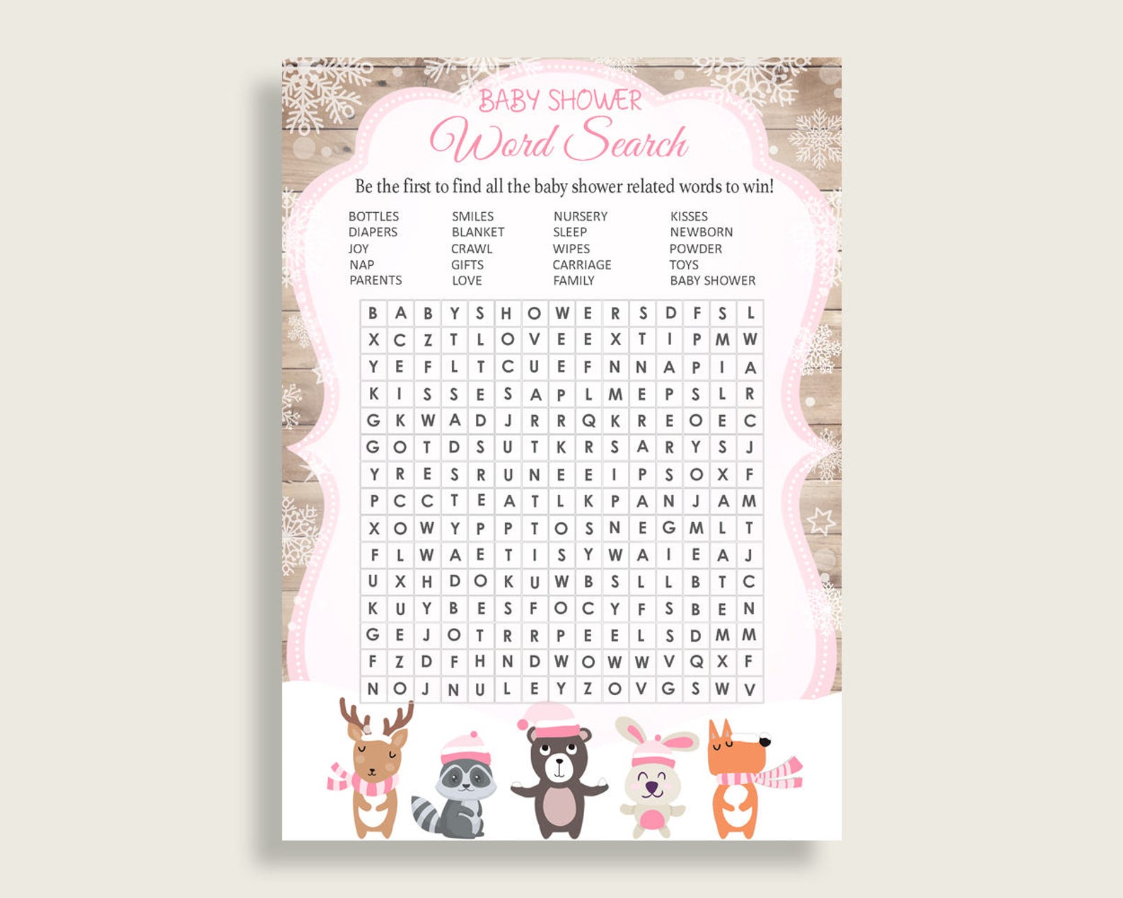 Word Search Baby Shower Word Search Forest Girl Baby Shower Word Search ...