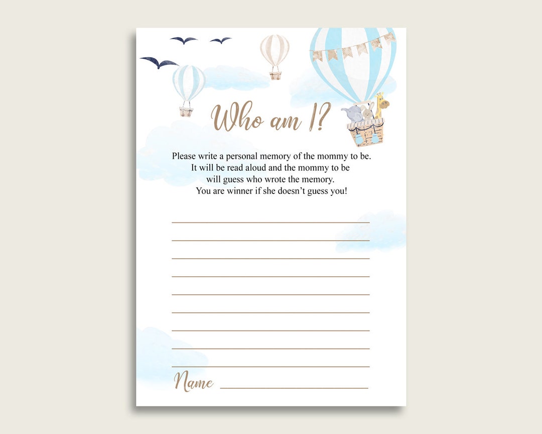 Hot Air Balloon Who Am I Game Printable, Boy Baby Shower Memory With ...