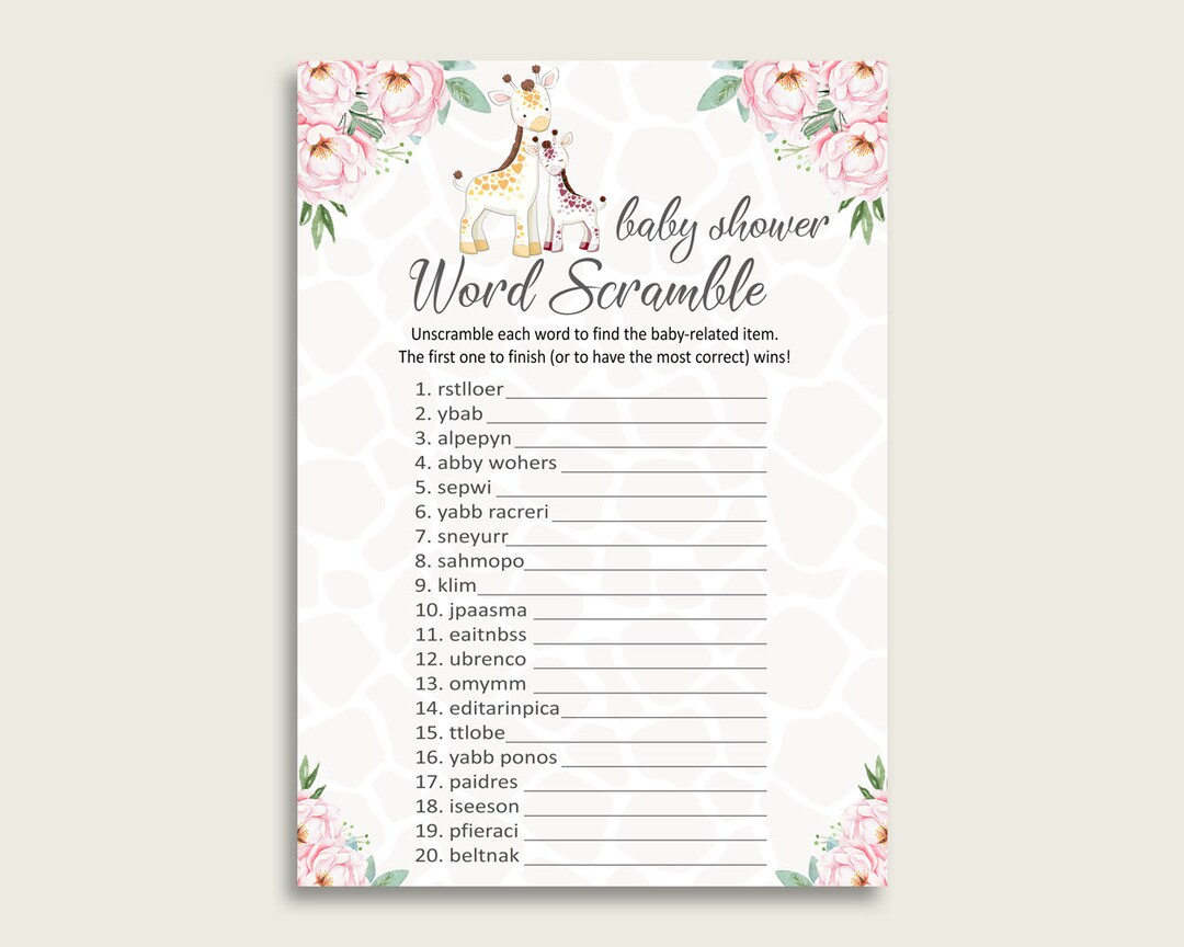 Girl Baby Shower Word Scramble Game Printable, Cute Giraffe Pink Yellow ...