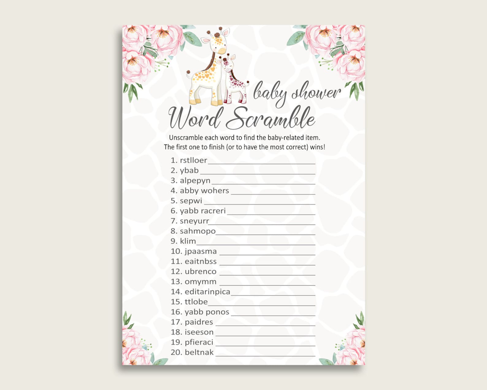Girl Baby Shower Word Scramble Game Printable, Cute Giraffe Pink Yellow ...